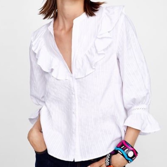 Zara | Tops | Zara White Striped Ruffle Button Up Blouse | Poshmark